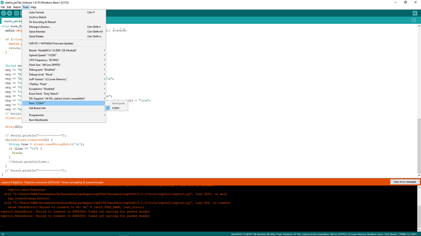 พอจะจะมีวิธีแก้ไหมครับ Esptool Fatalerror Failed To Connect To Esp8266 Timed Out Waiting For