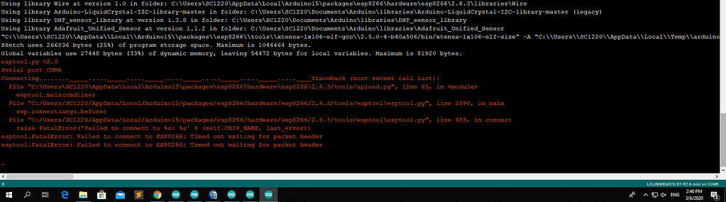 esptool.FatalError: Failed to connect to ESP8266: Timed out waiting for ...