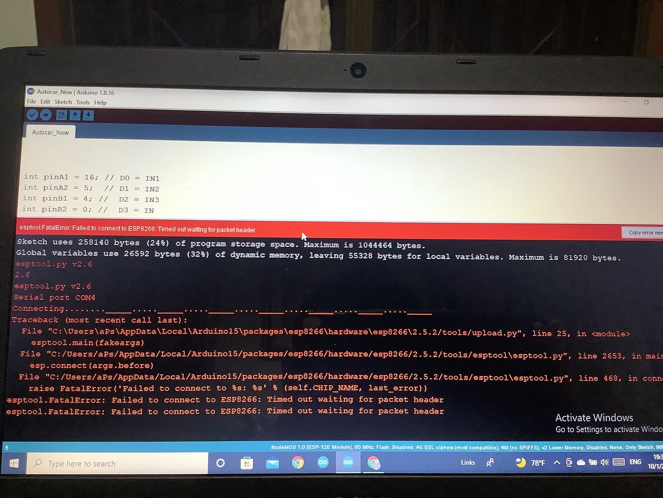 ปัญหา Esp8266 Error Esptoolpy V26 Serial Port Com4 Esp8266 อิเล็กอีซี่eleceasy 5123